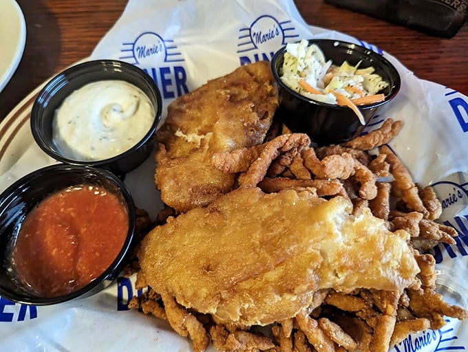 The seafood platter arrives like a fisherman's dream&mdash;golden, crispy, and ready to transport you to the Chesapeake without leaving your booth.