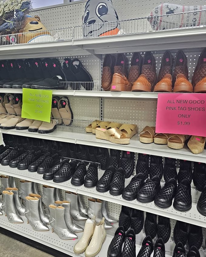 The shoe section's color-coded chaos offers pink-tag specials at $1.99. Cinderella never had this many options on such a budget.