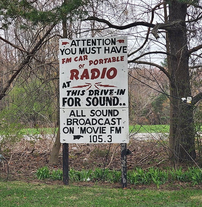 The handwritten sign says it all&mdash;FM radio required for sound, just as drive-in gods intended since abandoning those clunky window speakers.