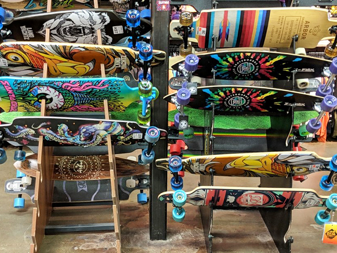 Radical deals, dude! This skateboard display showcases artistic decks that double as transportation and teenage currency in the social economy of cool.
