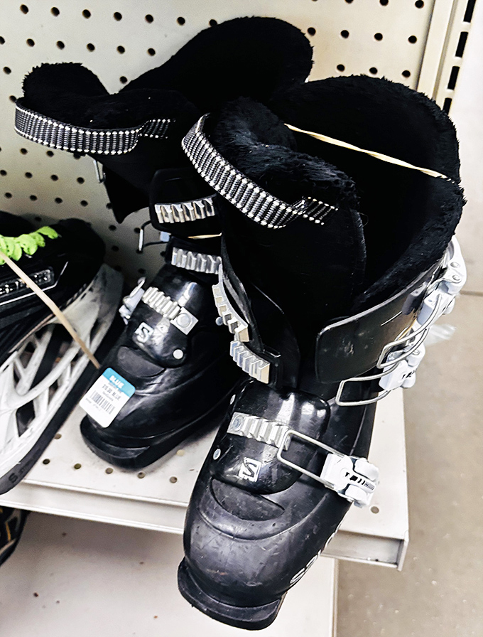 Ski boots waiting for their next adventure! Winter sports equipment that lets you hit the slopes without freezing your wallet.