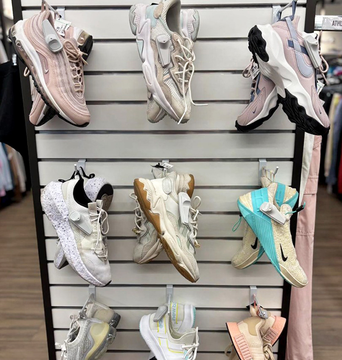 Sneaker row: where barely-worn athletic aspirations get second chances. These pastel beauties look like they've barely touched pavement.