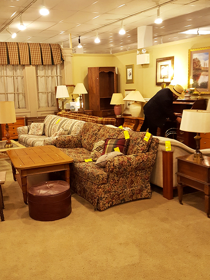 A living room vignette that whispers, "Yes, you too can afford to furnish an entire room today." Yellow tags mark the path to domestic bliss.