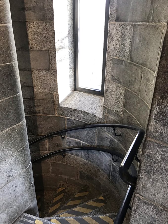 Spiral into history. The castle's narrow stone staircase winds downward, each step worn by generations of curious explorers seeking higher perspectives.