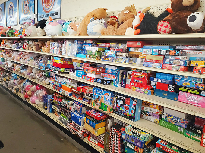 Board games and plush friends waiting for their next adventure. That Monopoly set might be missing the race car, but the memories are included free.
