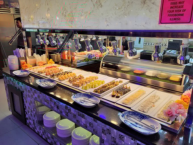 The sushi station&mdash;where raw meets art. Those perfectly lined up rolls are like edible jewelry, each one a little gift waiting to be unwrapped by your chopsticks.