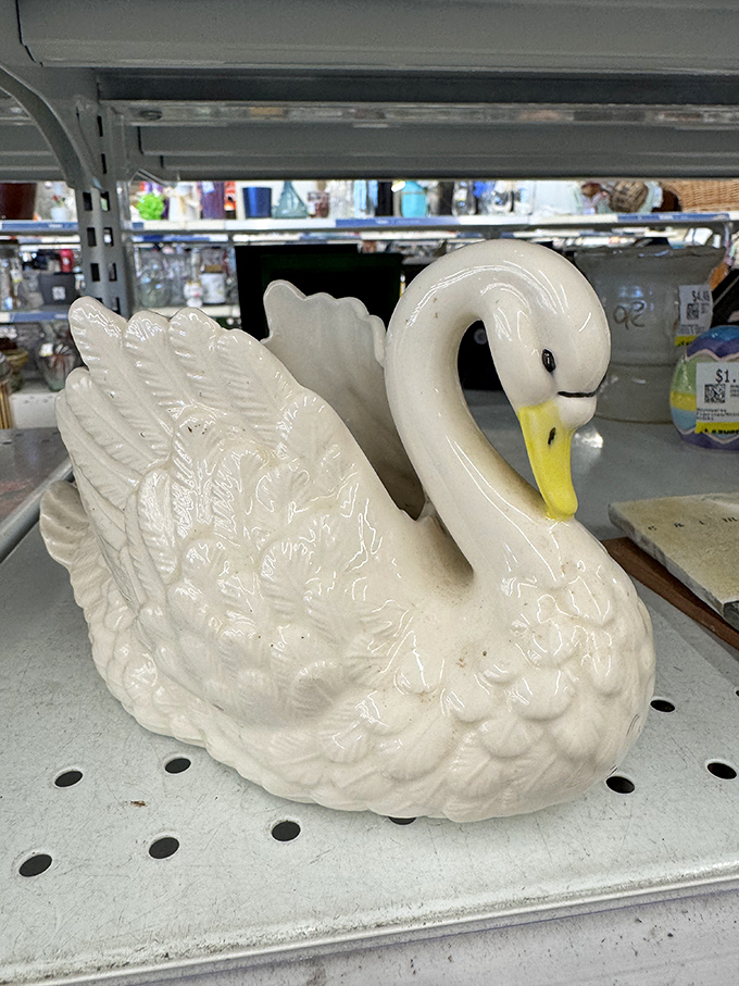 A majestic ceramic swan, poised and elegant, waiting to become either the conversation piece or punchline in someone's home decor.
