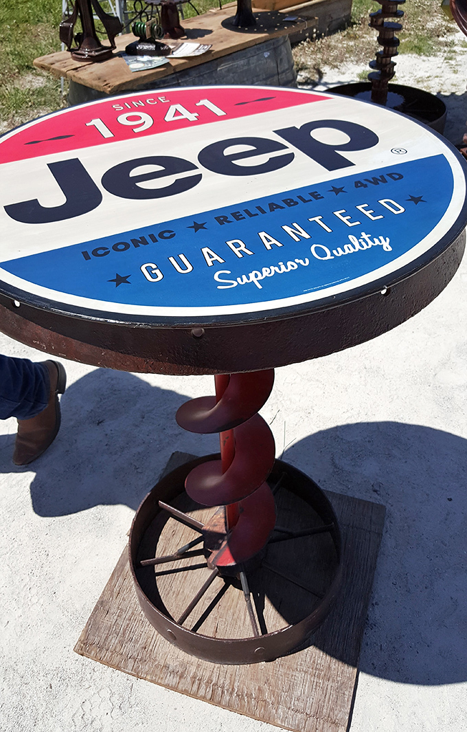 Not just a table&mdash;a statement piece that turns garage-stored Jeep memorabilia into dining room conversation. Automotive enthusiasm meets functional furniture!