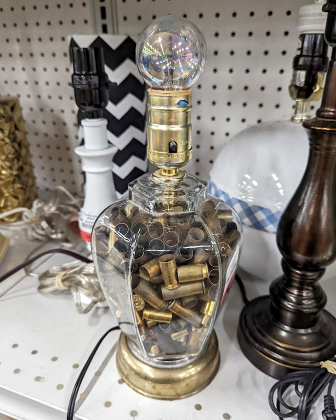 Not just a lamp, but a conversation starter. This brass-and-bullet creation proves that one person's "what were they thinking?" is another's perfect mantelpiece statement.