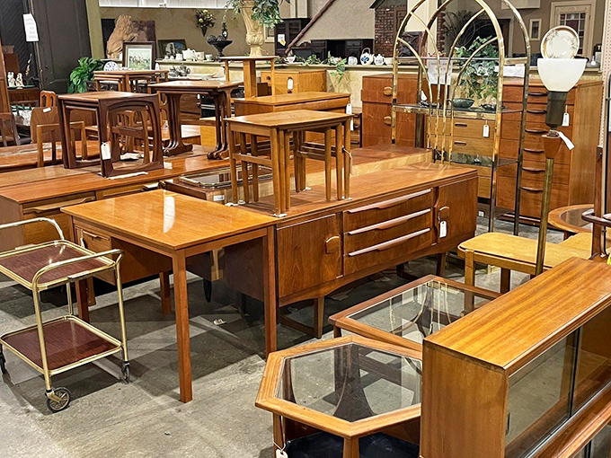 Mid-century furniture paradise. These tables have hosted more family dinners than Thanksgiving has awkward conversations.