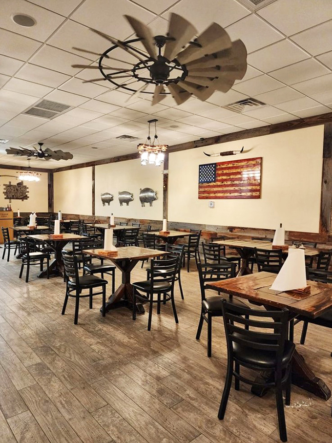 A dining room that says, "Stay awhile, we've got stories to tell." Those windmill ceiling fans aren't just moving air&mdash;they're stirring anticipation.
