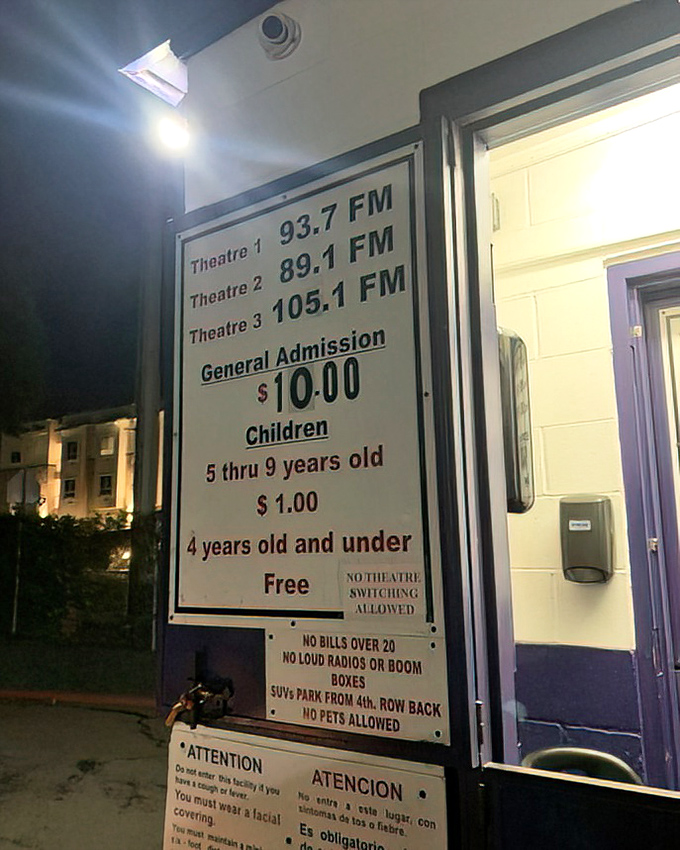 The pricing board tells the story &ndash; $10 for adults, $1 for kids, and clear instructions for optimal drive-in etiquette.
