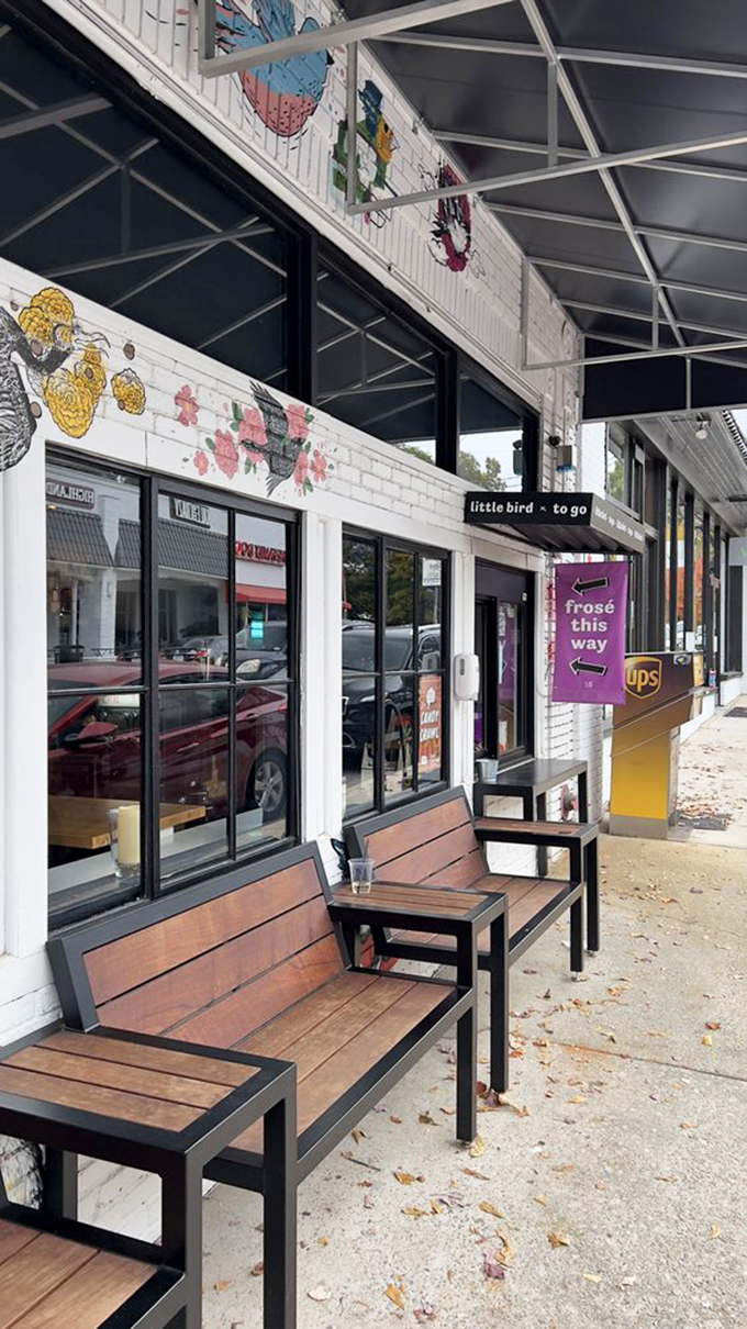 "Little Bird ~ to go" offers the same big flavors for those on the move, with inviting benches for the inevitable wait.