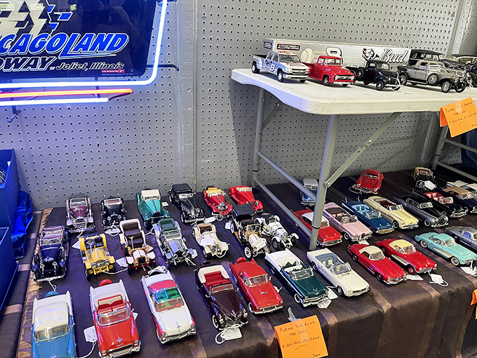 Miniature automotive museum: Perfectly preserved die-cast dreams line up in chromatic splendor, each tiny vehicle representing some grown man's first full-sized love affair.