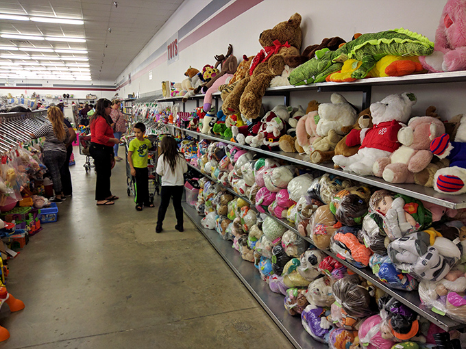 The toy section: where childhood memories come alive and grandparents experience the unique joy of finding the exact same teddy bear they had in 1965.