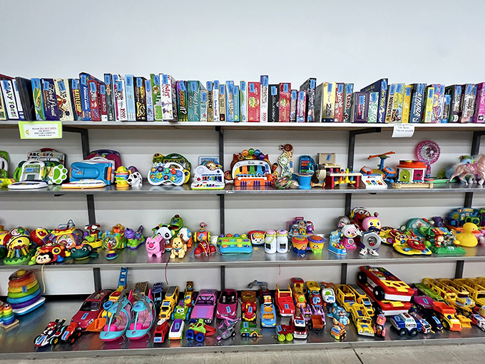 Toy shelves bursting with colorful potential energy &ndash; each item waiting for a child's imagination to bring it back to life.