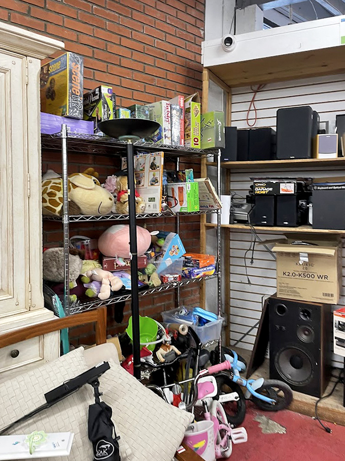 The electronics and toy section—where yesterday's must-have gadgets and stuffed animals await their second chance at bringing joy. That Keurig might still have some life in it!