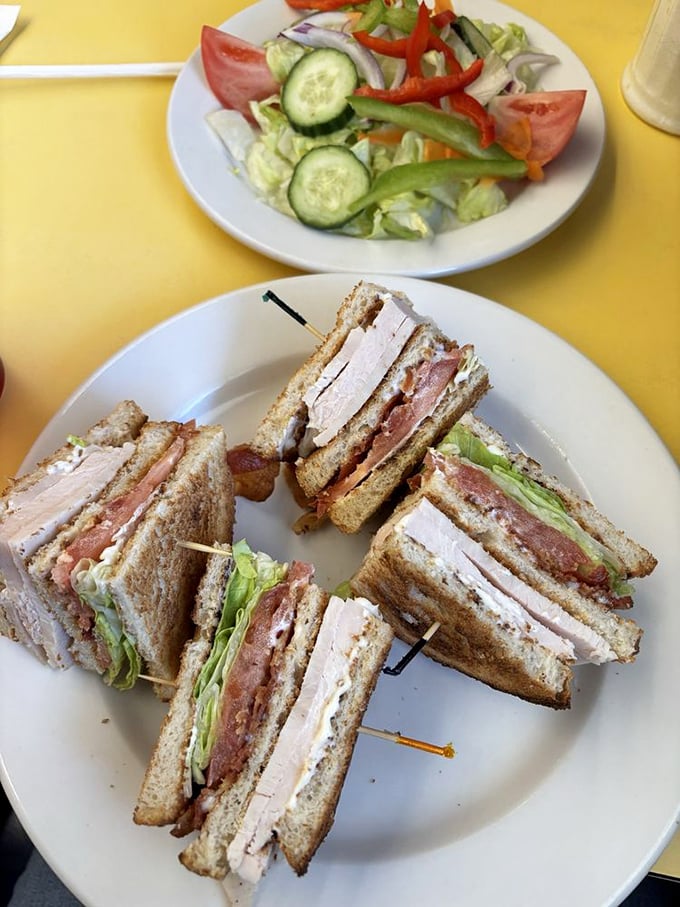 The club sandwich: three stories of deliciousness held together by toothpicks and the laws of sandwich physics.