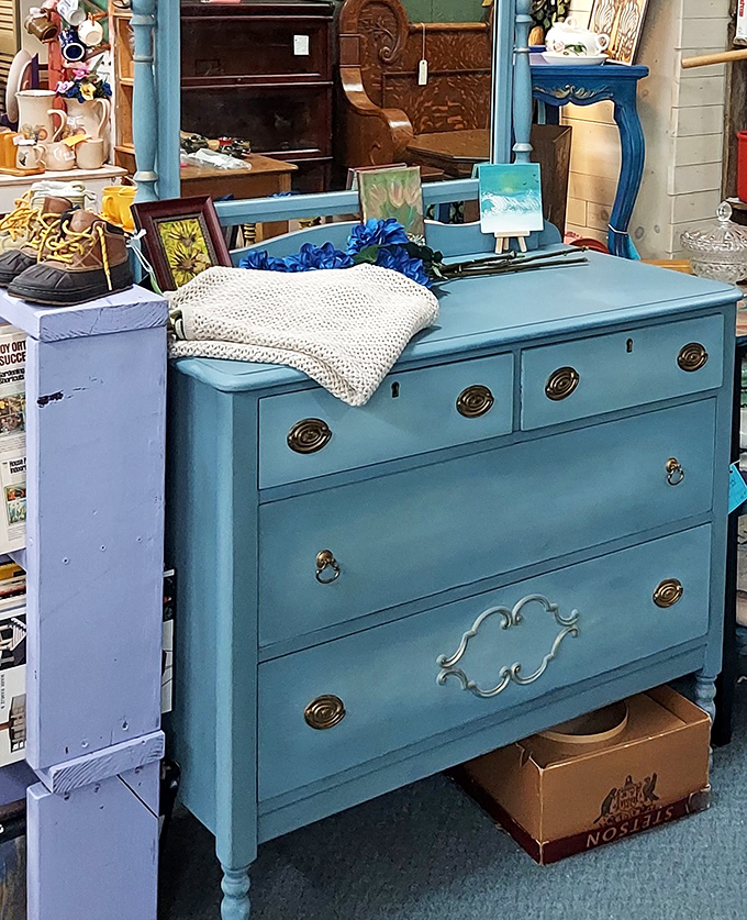 This isn't just a blue dresser; it's someone's future heirloom, waiting for its second act in a nursery or farmhouse-chic bedroom.