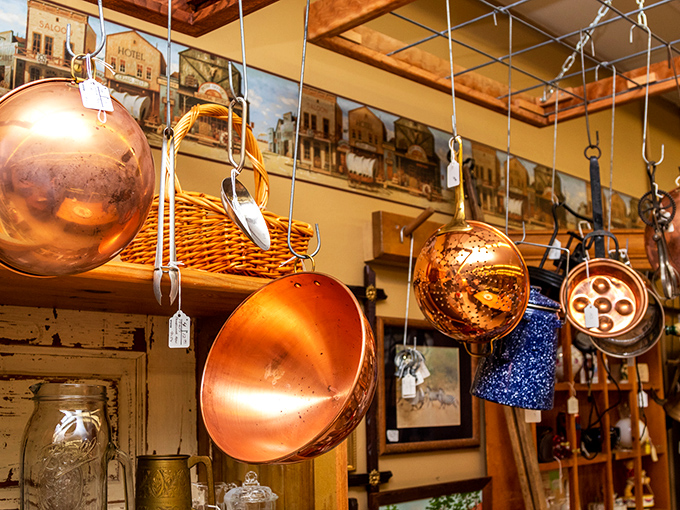 These copper pots hanging like burnished moons would make Julia Child swoon and your kitchen suddenly feel like a Parisian bistro.