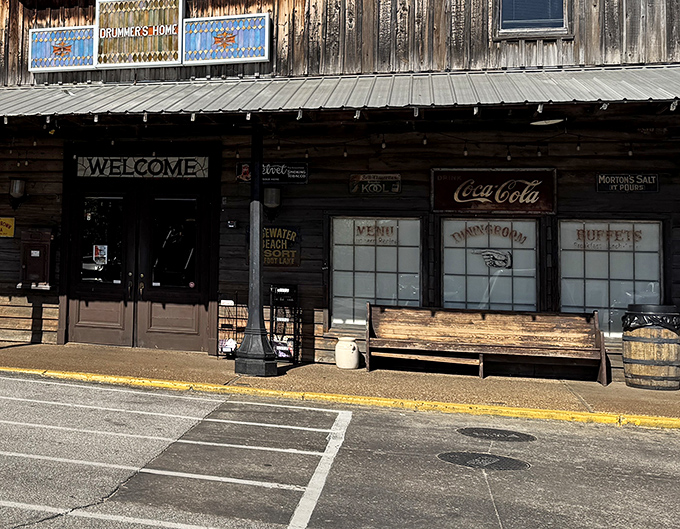 The welcoming storefront beckons travelers with vintage Coca-Cola signs and wooden benches&mdash;a front porch philosophy that says "come sit a spell."