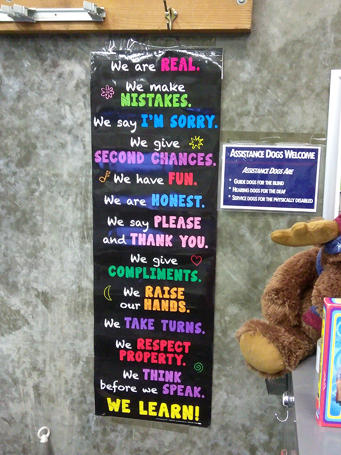 Philosophy meets practicality on this colorful sign. The Goodwill ethos boiled down to its essence&mdash;everyone and everything deserves a second chance.