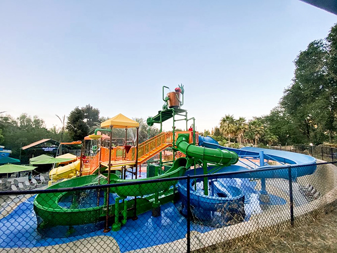 Water slides in primary colors promise the kind of refreshing fun that makes kids squeal with delight and parents secretly wish they'd worn swimsuits too.