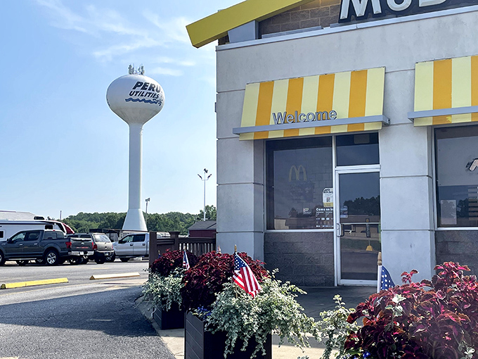 Peru's water tower stands tall like the town greeter, proudly announcing "Yes, we're Peru, Indiana" to confused GPS users everywhere.