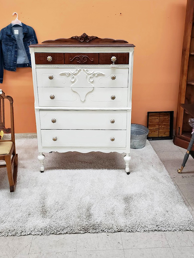 This beautifully restored dresser is waiting for its second act. Someone's grandmother would approve of this makeover.