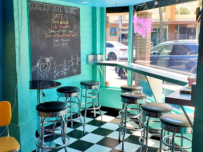 A dedicated date shake menu board offers variations on the desert's signature sweet&mdash;proof that perfection can indeed be improved upon.