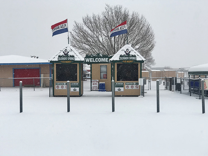 Even Colorado blizzards can't stop the dedicated flea market faithful&mdash;the snow-covered entrance stands like a retail Fortress of Solitude, waiting for spring.