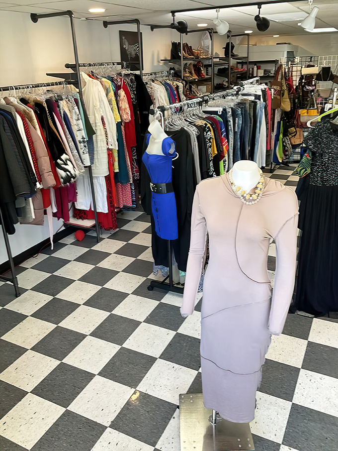 Elegant women's wear displayed with care. That lavender dress with statement necklace is waiting for its next special occasion.