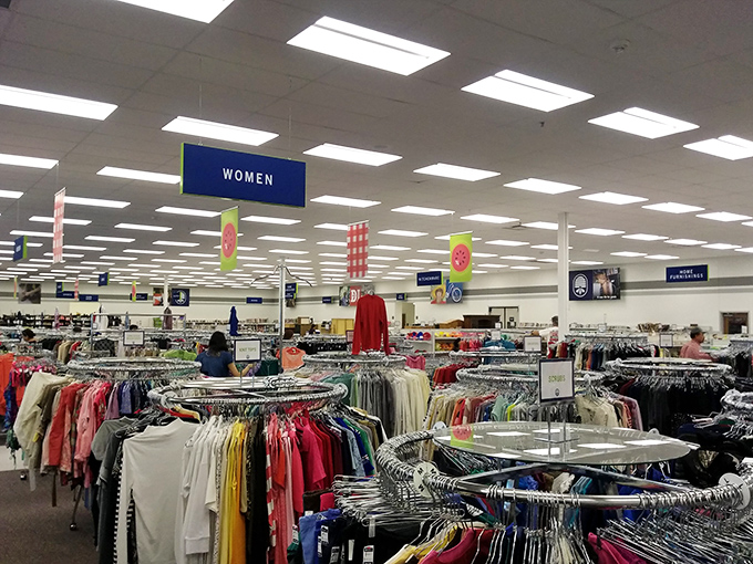 The women's department: a rainbow of possibilities organized with military precision. Fashion time travel without the DeLorean or flux capacitor.