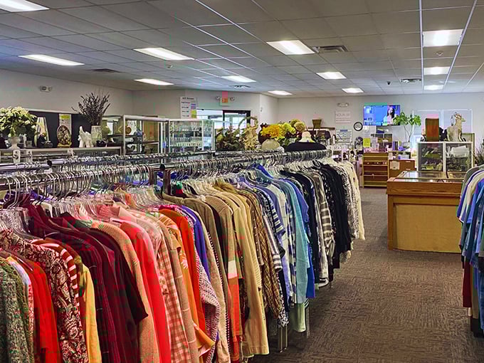 The clothing section stretches toward the horizon like a textile rainbow. Each hanger potentially holds your next favorite outfit.