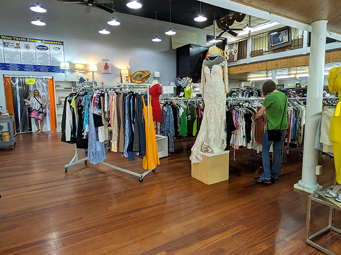 The women's clothing department shines with potential, including that stunning white dress that's just waiting for its second chance at a special occasion.