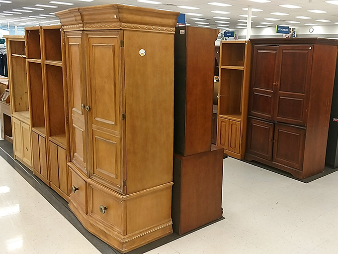 Stately wooden wardrobes stand like sentinels of storage solutions past. Narnia might be hiding behind those doors&mdash;at this price, worth checking. 