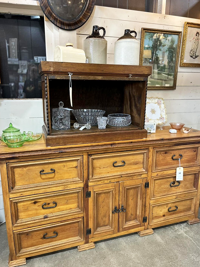 This solid wood dresser has weathered decades with grace, ready to hold your belongings with the same reliability it offered previous generations.