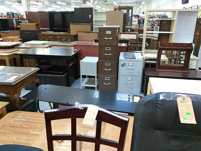 Office furniture heaven or startup headquarters in waiting? These desks and filing cabinets hold more potential than their utilitarian appearance suggests.