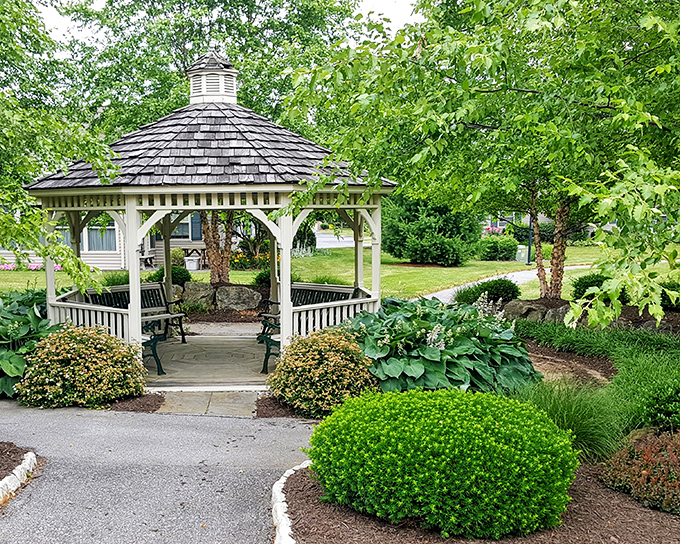 The wooden gazebo stands ready for everything from philosophical conversations to the simple pleasure of watching clouds drift by.