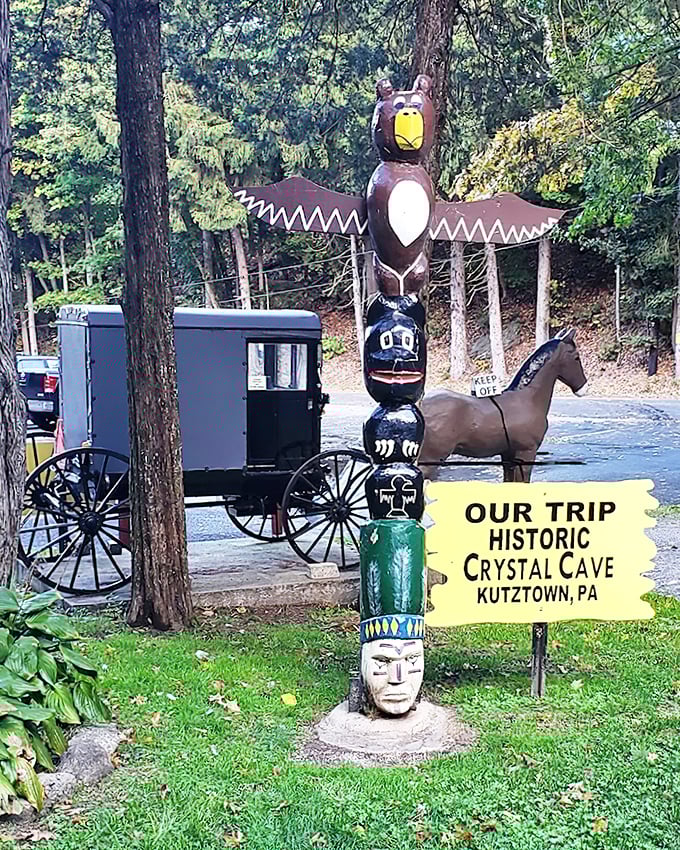 This whimsical totem pole stands as colorful proof that Crystal Cave's charm extends well beyond its underground treasures.