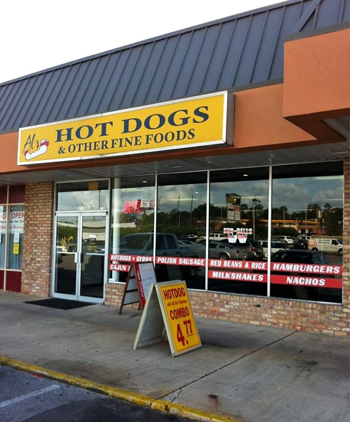 Al's bright yellow sign cuts right to the chase&mdash;hot dogs are the star, but there are "other fine foods" for the adventurous.