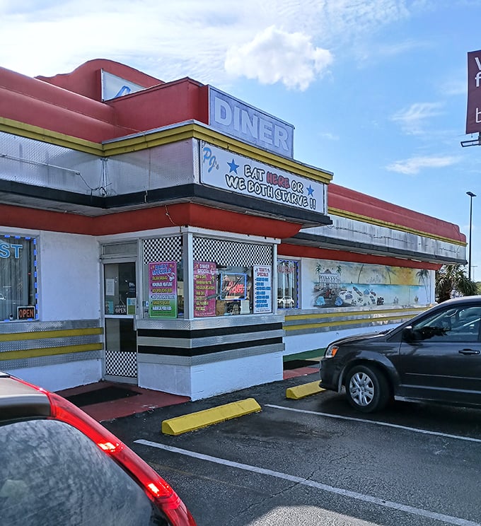 Bold colors and bolder signage&mdash;this diner doesn't whisper "retro," it belts it out like Elvis in Vegas.