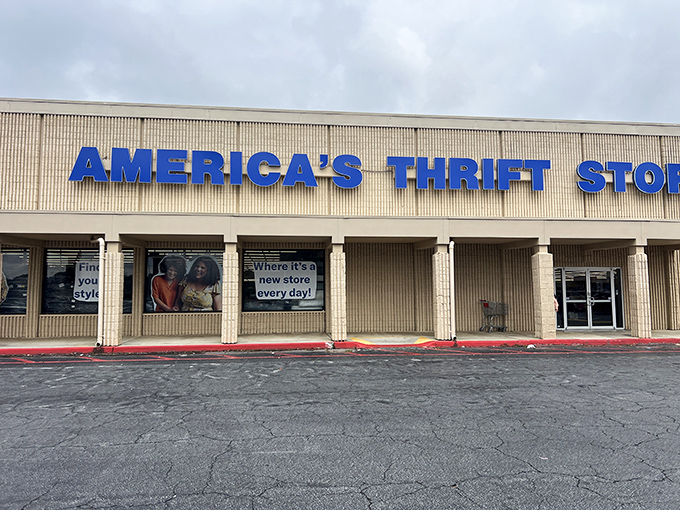 America's Thrift Stores' grand exterior suggests department store selection at garage sale prices and convenience.