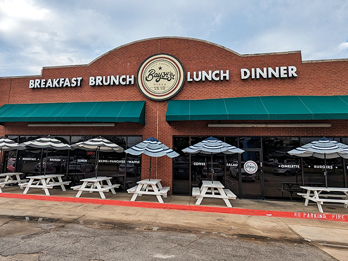Bay34th Street Diner's brick facade and welcoming patio practically whisper "come sit a spell" in the most Texan way possible.