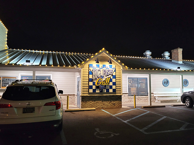 Big Fish Grill's evening glow suggests serious seafood conversations happen here long after sunset arrives.
