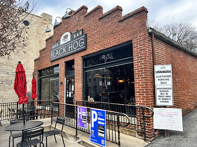 Black Hog's distinctive brick facade with castle-like details stands out in historic downtown Frederick.