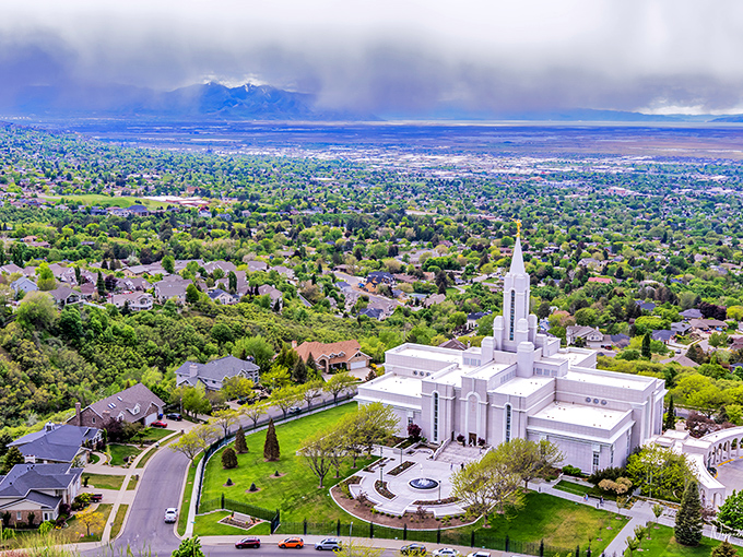 The magnificent white temple stands as Bountiful's centerpiece, surrounded by affordable neighborhoods with breathtaking valley views.