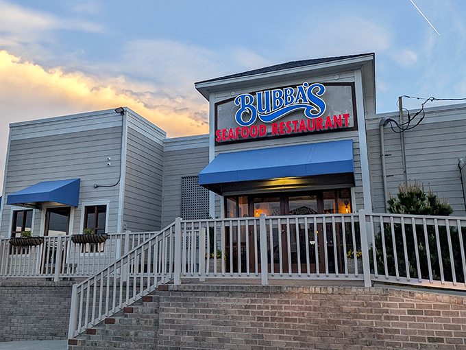 Bubba's blue awnings and white railings create the perfect frame for seafood feasts with a water view.