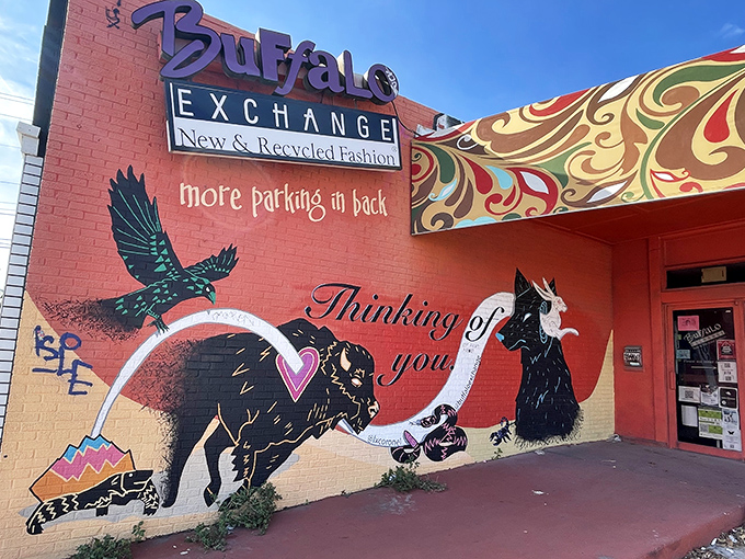 Buffalo Exchange's artistic mural announces this isn't your grandmother's dusty thrift store experience.