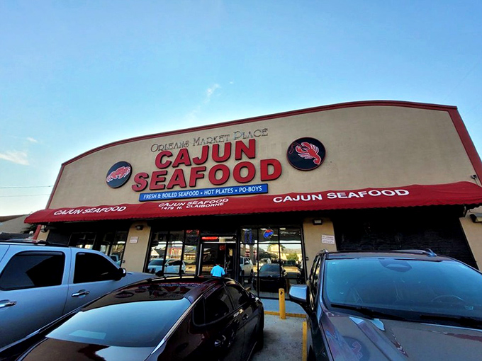 Bold red letters announce serious Cajun seafood business in this authentic New Orleans neighborhood spot.
